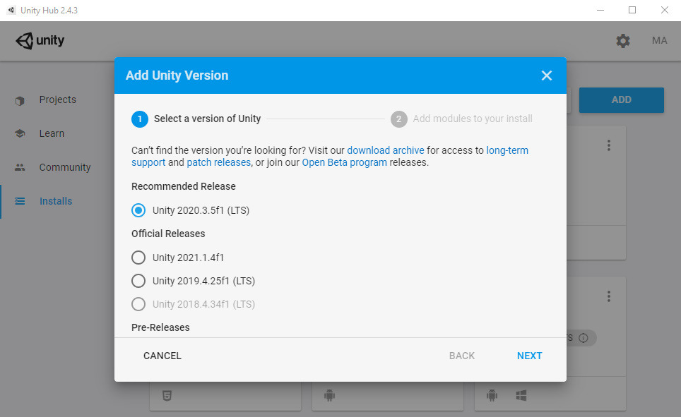 Unity Hub התקנת Unity