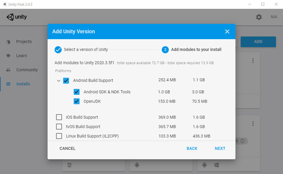 בחירת מודול תוסף Unity Hub